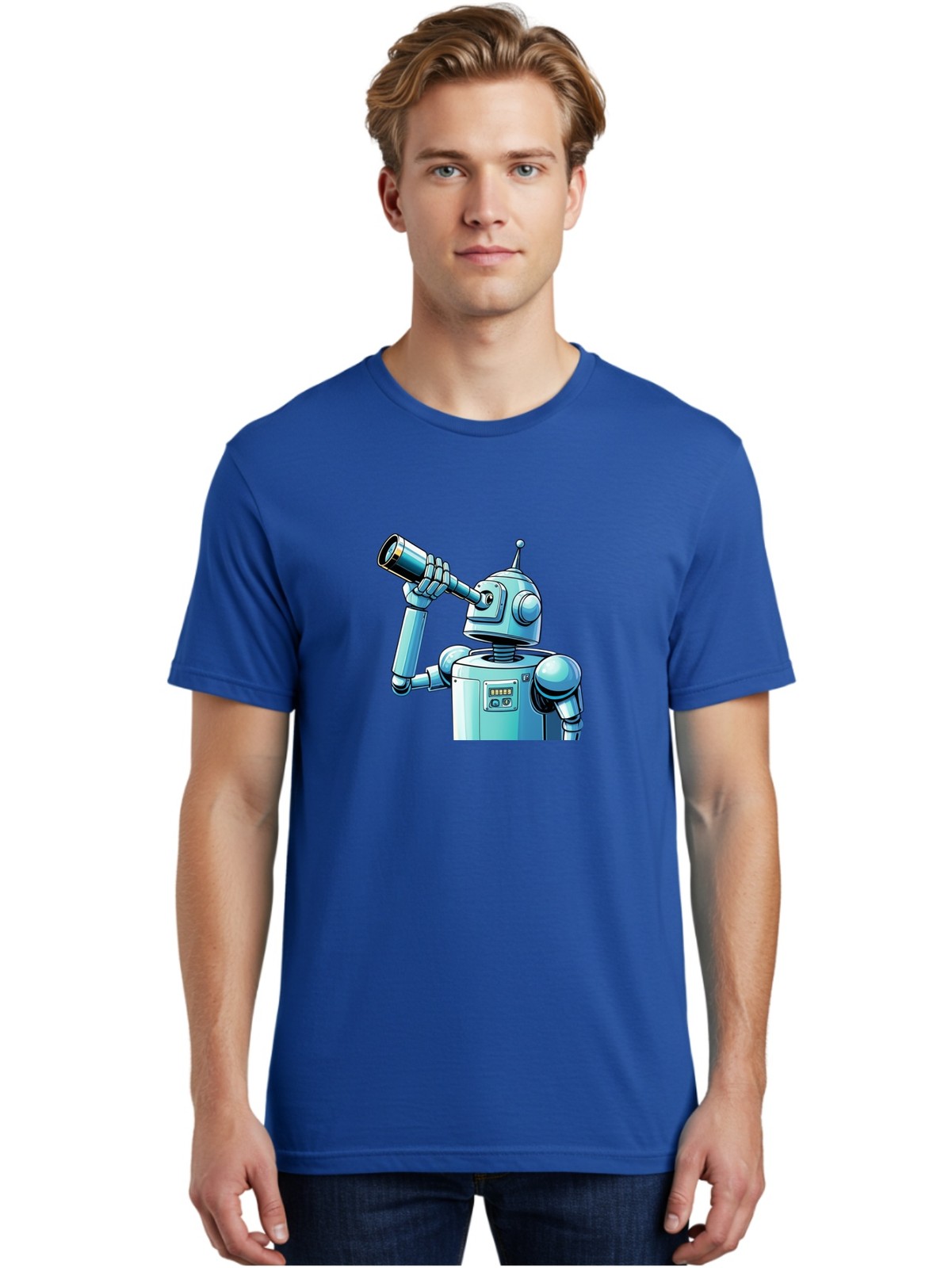 Robot-Looking-Through-Telescope Mens Graphic Tee,100% Cotton,Casual ...