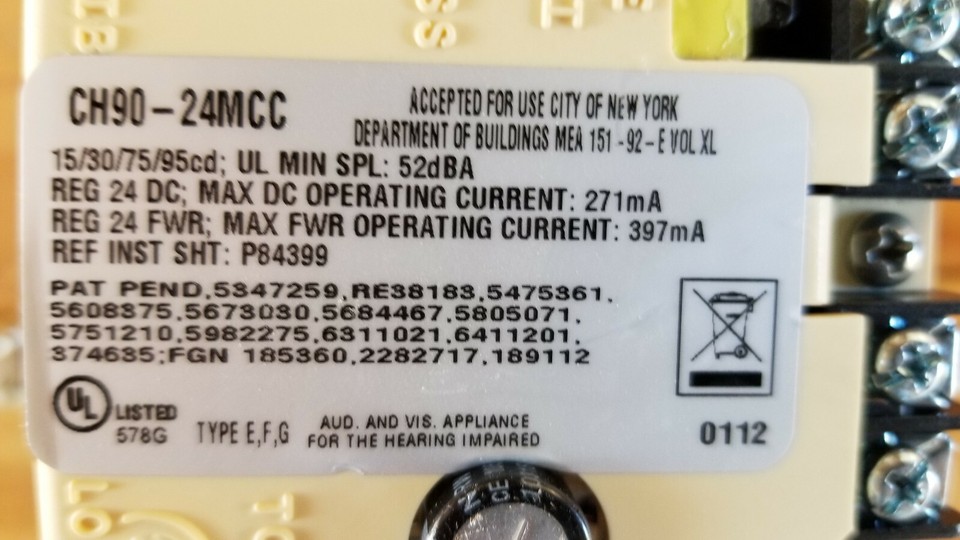 Eaton Wheelock CH90-24MCC Simplex Fire Alarm System Strobes and Chimes ...