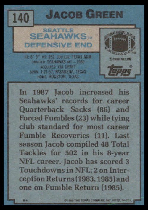 1988 Topps #140 Jacob Green Seattle Seahawks Football Card | eBay