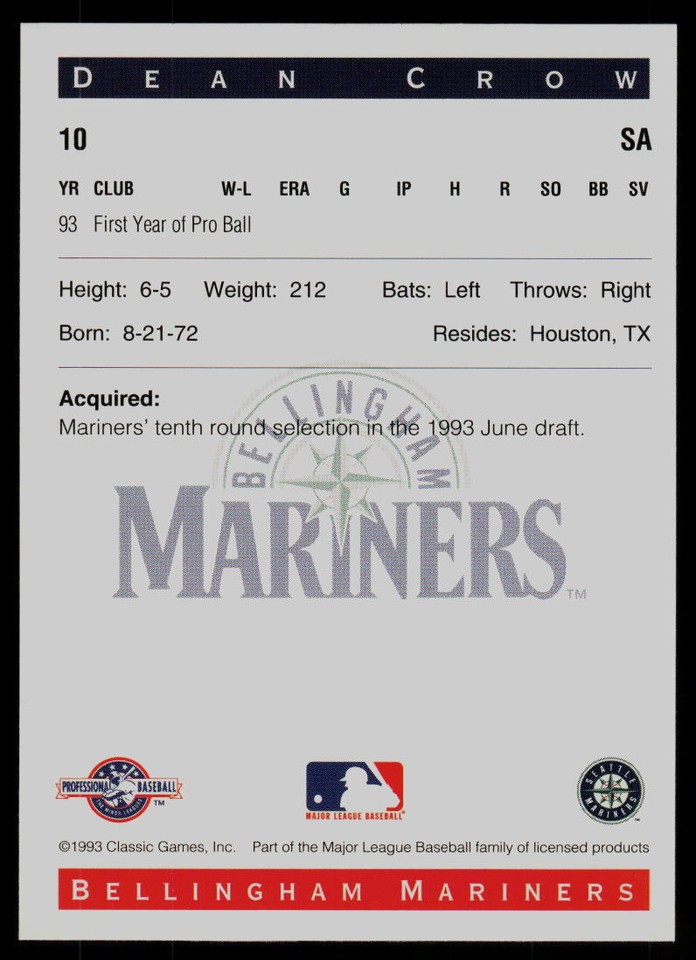 1993 Classic Best Dean Crow Bellingham Mariners | eBay