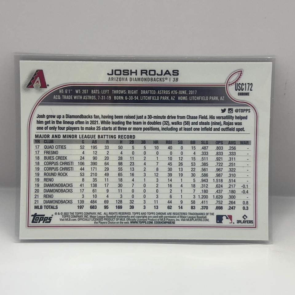 2022 Topps Chrome Update Baseball Josh Rojas Base USC172 D'Backs | eBay