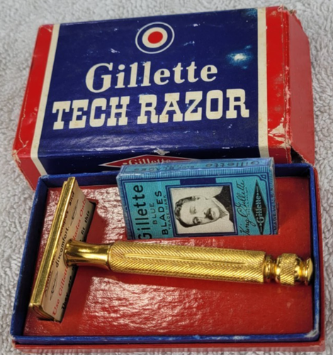 Vintage Gillette Tech Razor Shaver Gold Set With Original Box & Blue ...