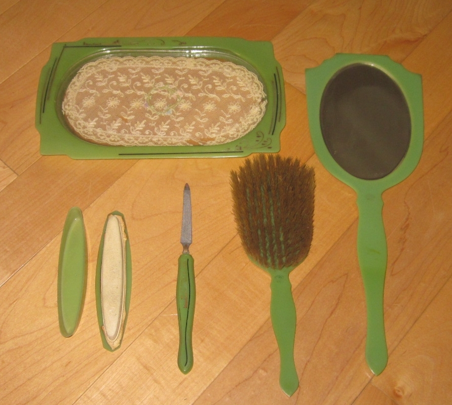 Antique Vintage Green Bakelite Hand Mirror Brush Comb Nail File Tray ...