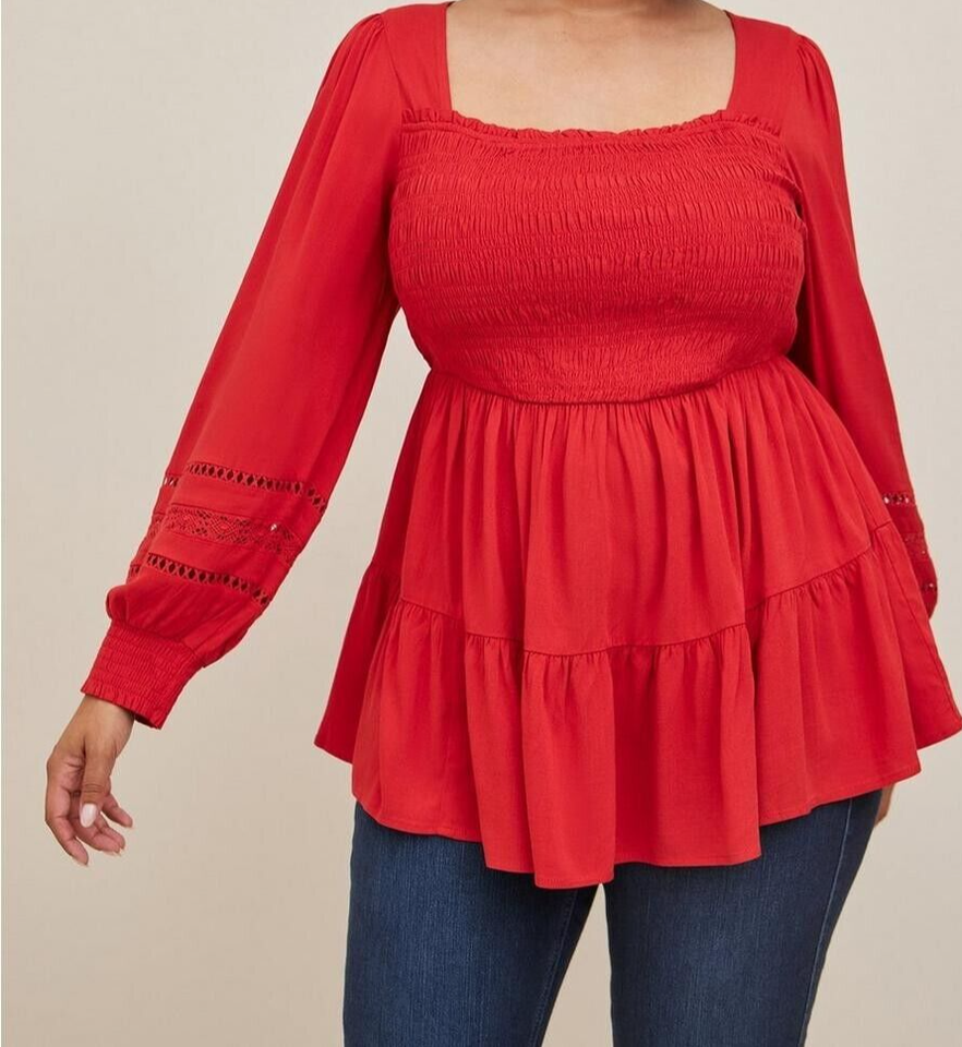 Torrid Babydoll Rayon Slub Lace Inset Smocked Tiered Top Red 3 3X 22 24 ...