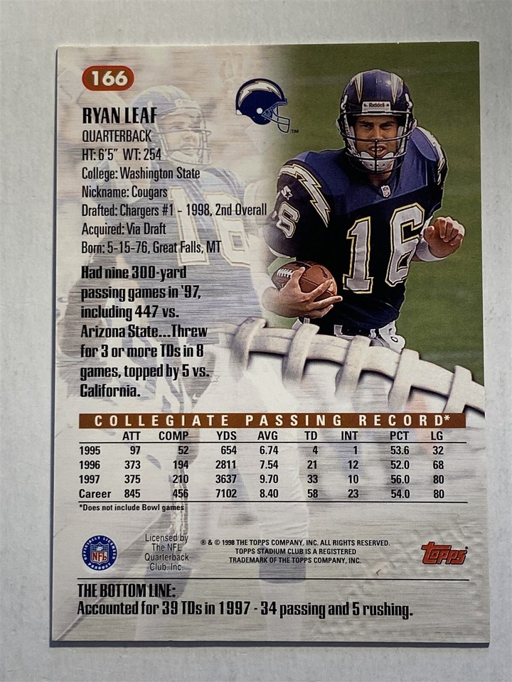 RYAN LEAF chargers 1998 Topps Stadium Club #166 RC (F6) | eBay