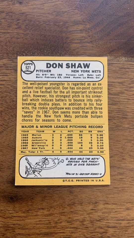 1968 Topps Baseball Don Shaw #521 High Number New York Mets | eBay