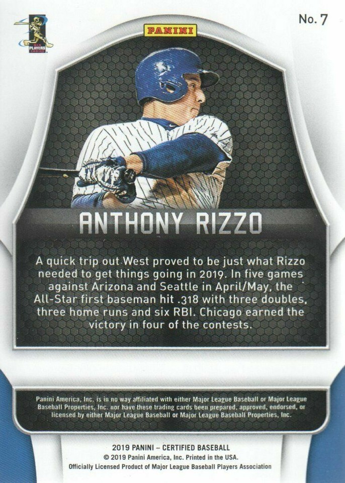 Anthony Rizzo 2019 Panini Chronicles Certified Baseball #7 Chicago Cubs ...