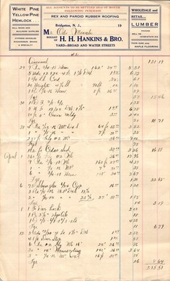 H H Hankins & Bro Lumber Yard Invoice 1910s Bridgeton NJ Richardson ...