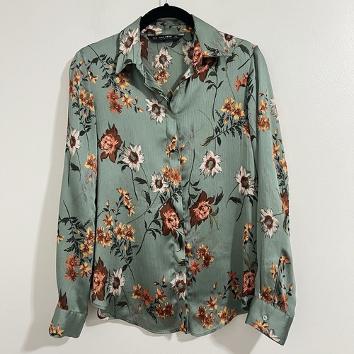 Zara Basic Button Up Blouse Size XS Green Orange Flowers Bohemian Silky Modest | eBay