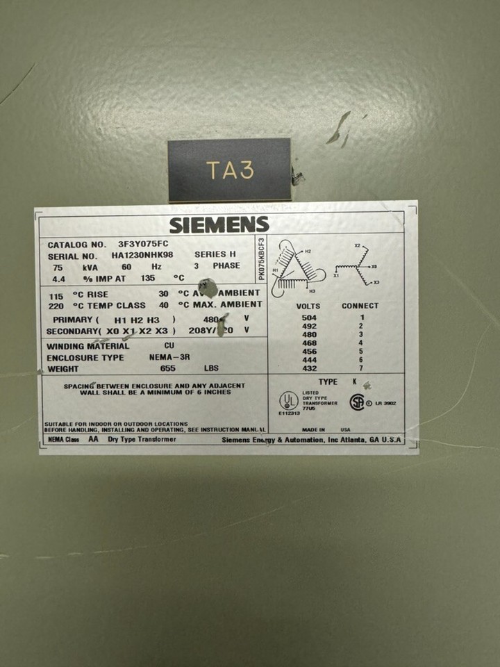 SIEMENS 75 kVA Transformer | eBay