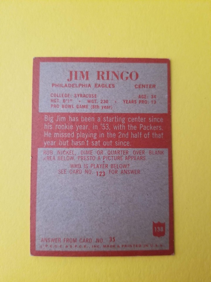 1965 Philadelphia #138 Jim Ringo Eagles NRMNT | eBay