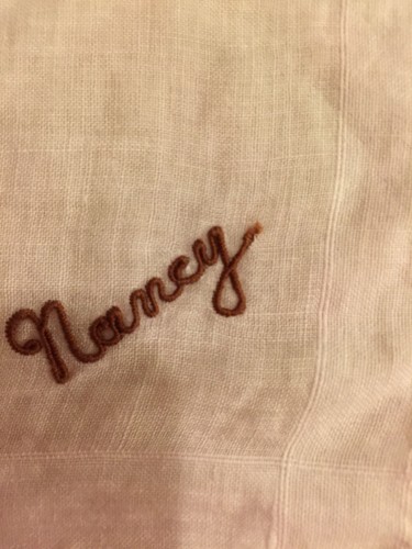 VINTAGE LINEN HANDKERCHIEF BRIDAL WEDDING Brown Nancy MONOGRAM ...