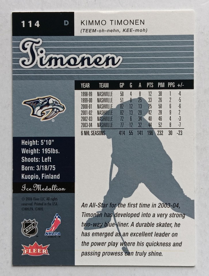 2005-06 Fleer Ultra Ice Medallion Kimmo Timonen /100 Nashville ...