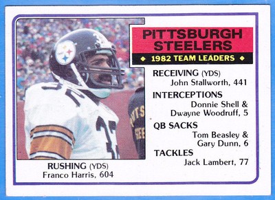 1983 PITTSBURGH STEELERS - Topps " 1982 Team Leaders " Football Card ...