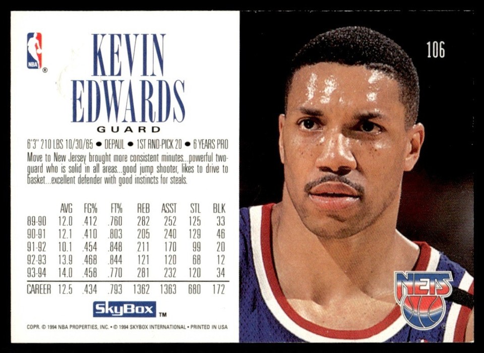 1994-95 SkyBox #106 Kevin Edwards New Jersey Nets | eBay