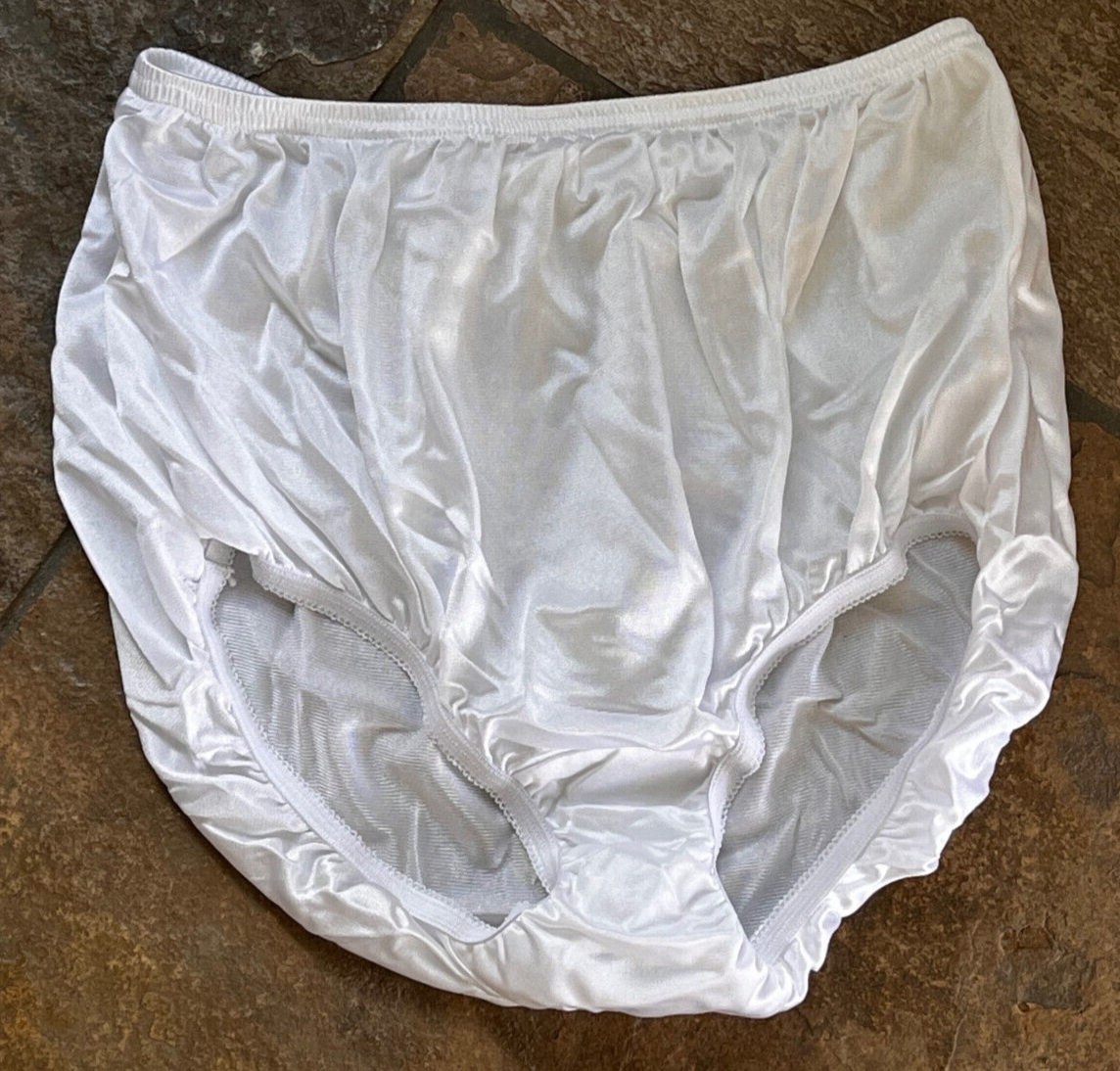 SHINY Med White SATIN 100% Nylon Full Brief Panty Sewn in Cotton Gusset ...