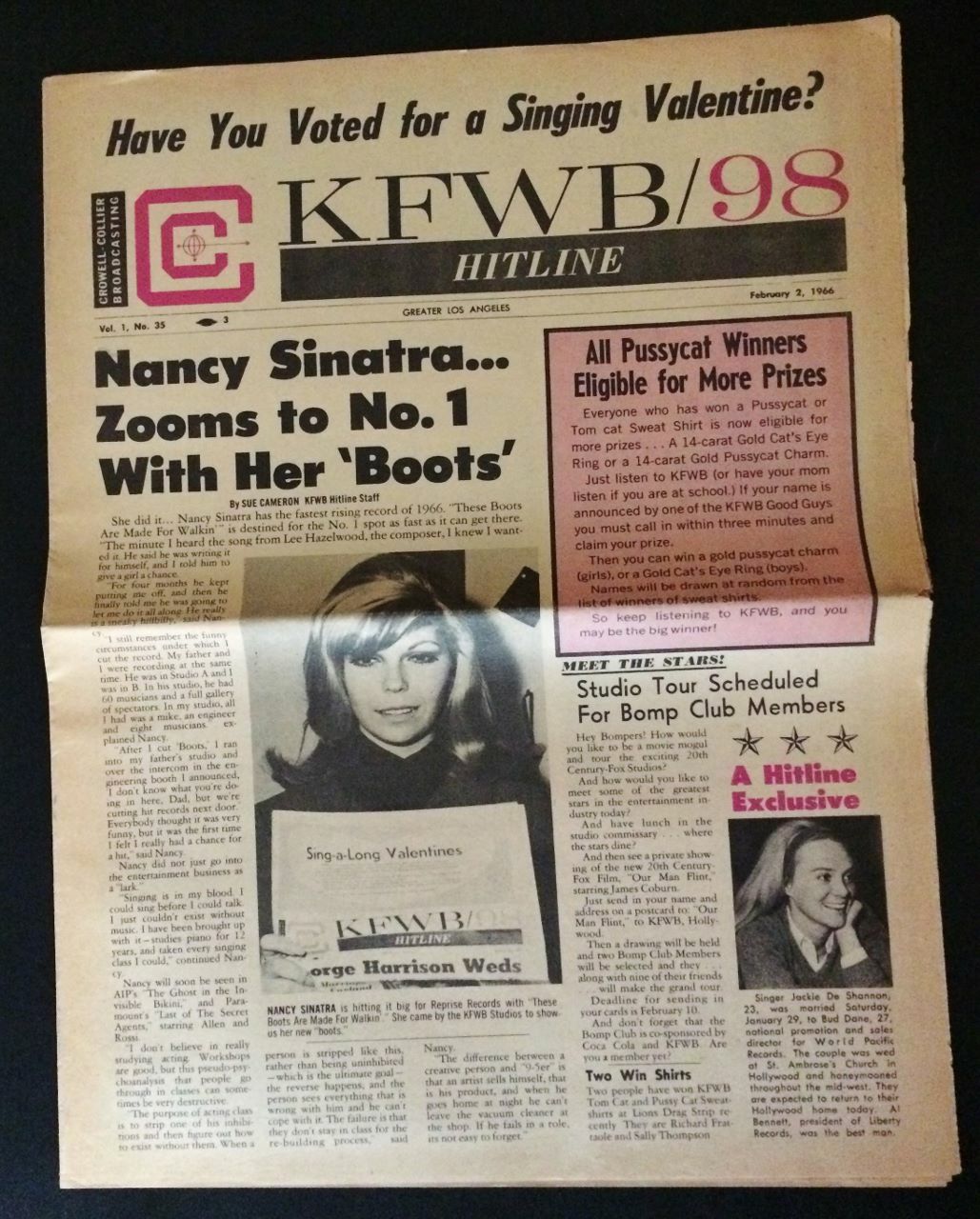 Nancy Sinatra -"These Boots" No 1, KFWB Ch 98 "Hitline Newspaper" Feb 2 ...