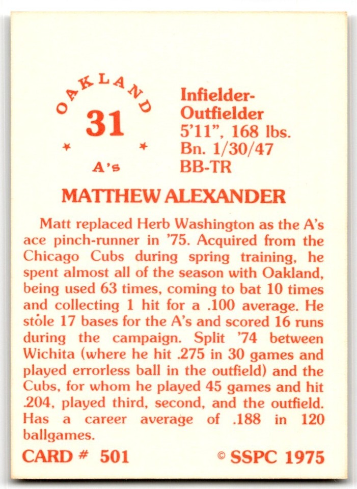 1976 SSPC MATT ALEXANDER OAKLAND ATHLETICS #501 | eBay