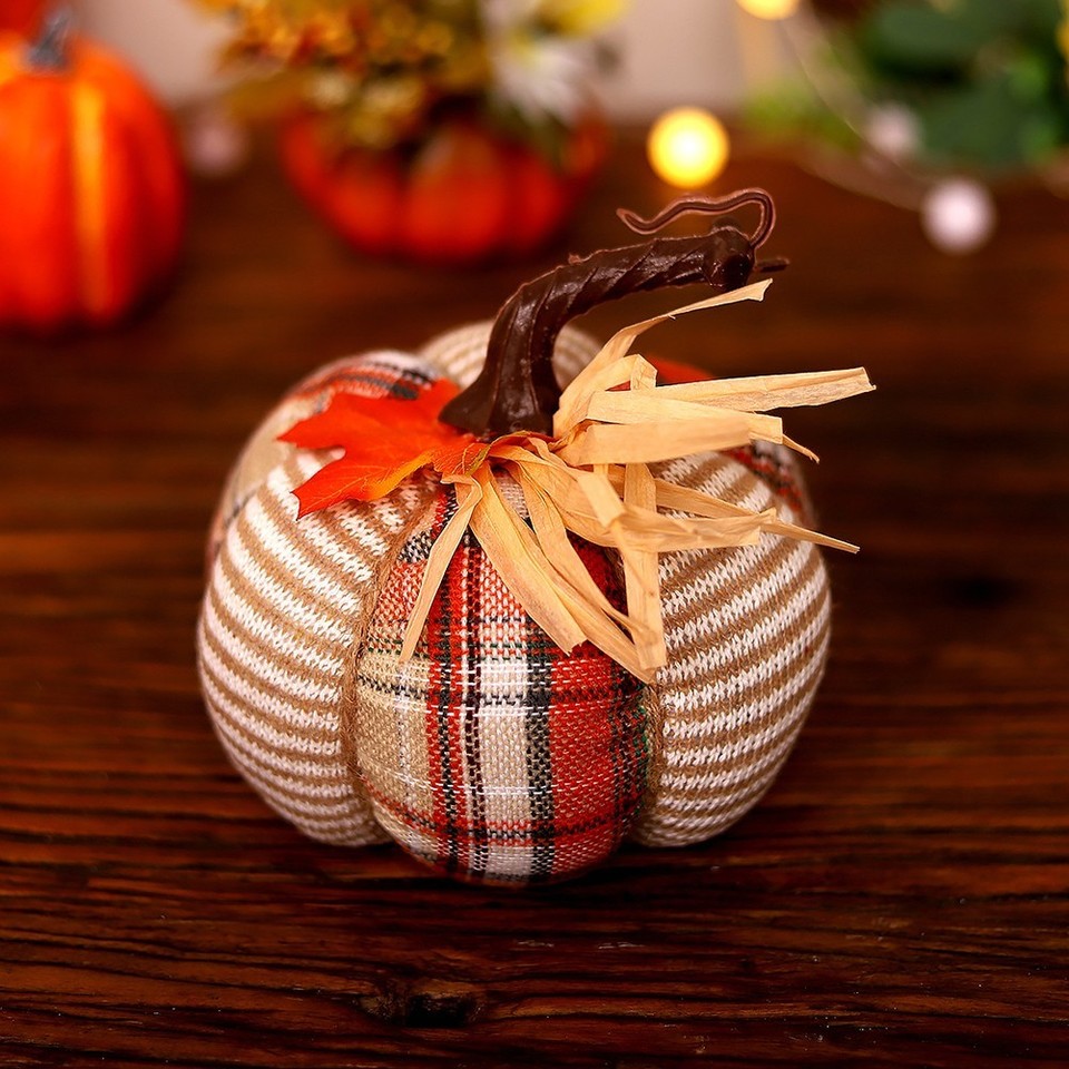 Plaid Pumpkins for Fall Tabletop Decoration Artificial Fabric Ornament ...