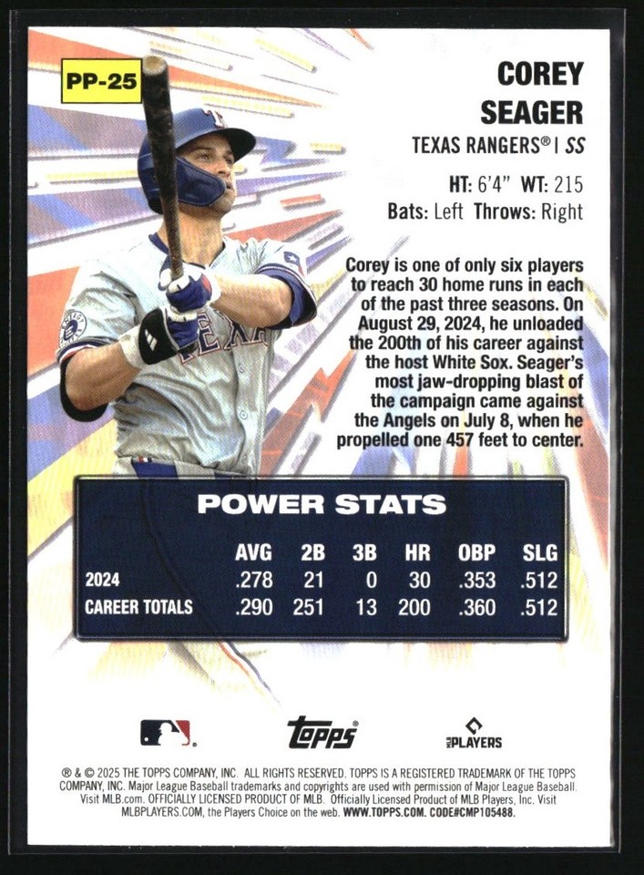 2025 Topps Power Players Corey Seager #PP-25 Texas Rangers | eBay