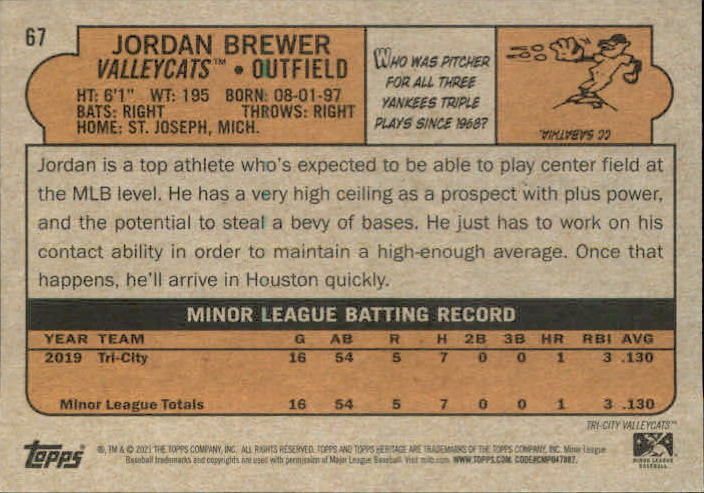 Jordan Brewer 2021 Topps Heritage Minor League Card #67 | eBay