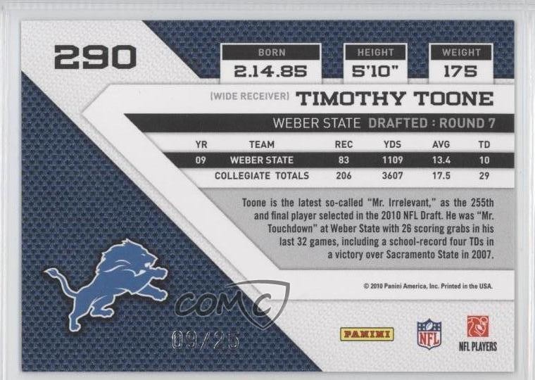 2010 Panini Threads Platinum Century Proof /25 Timothy Toone #290 ...