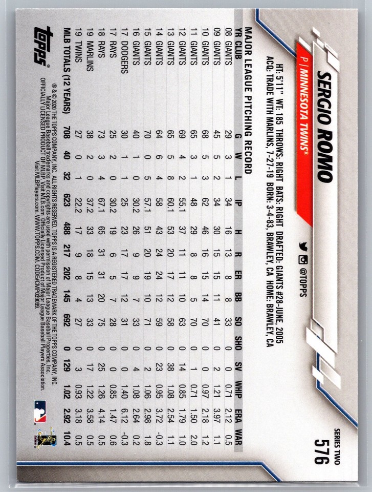 2020 Topps Series 2 Sergio Romo Gold Foil #576 Minnesota Twins | eBay