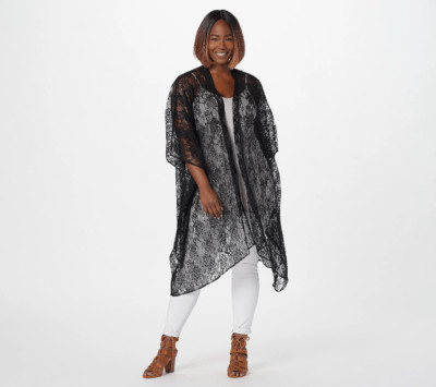 The Muses Closet Womens 2X/3X Open Front Lace Duster Cardigan Black ...