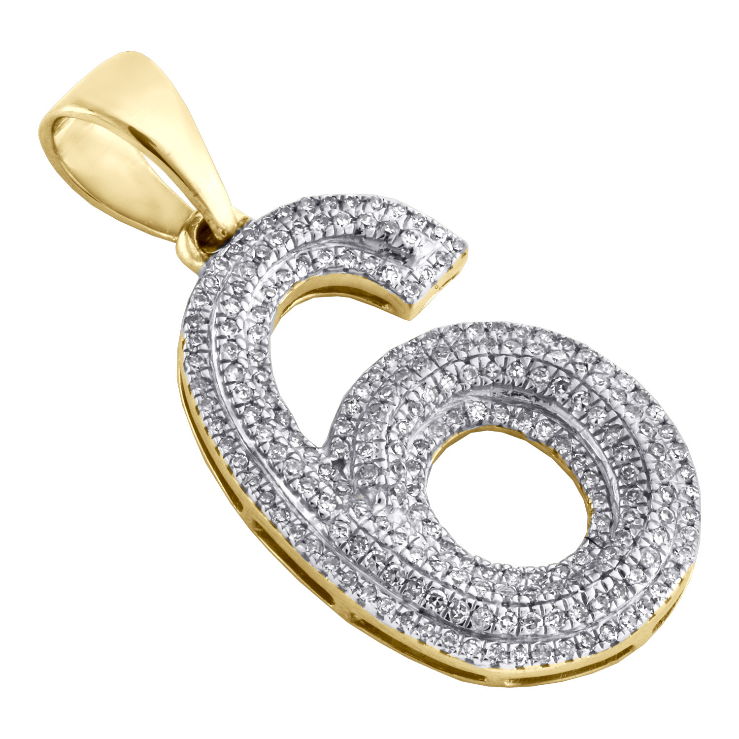 10K Yellow Gold Round Diamond Number 6 Bubble Pendant Pave Dome Charm 0 ...