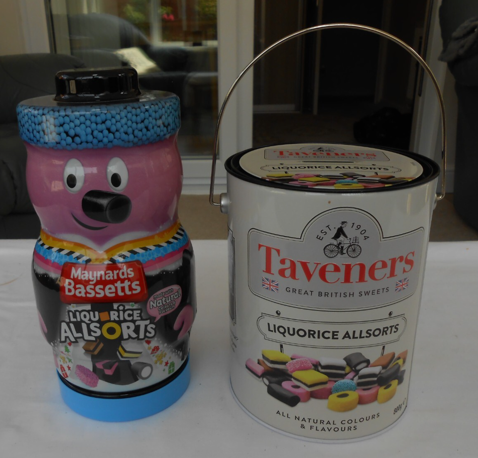 two empty containers collectors items taveners liquorice allsorts and ...