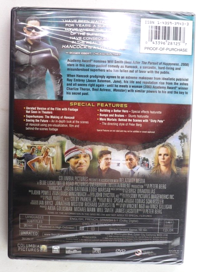 Hancock (DVD, 2008, Unrated Single Disc Version) Will Smith Brand New ...