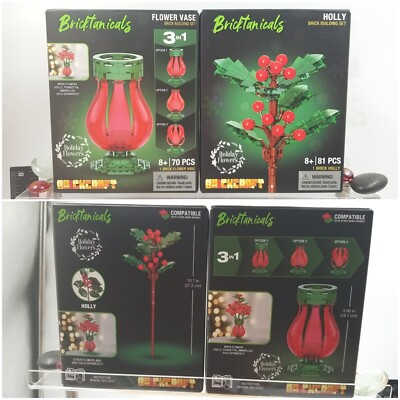 Bricktanicals RED Flower Vase Brickcraft Holiday & HOLLY Brick Building ...