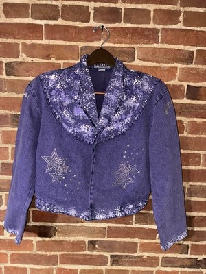 80s 90s Purple Acid Wash Denim Jacket Rhinestone Studded Stars Cropped ...