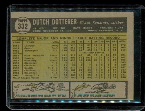 Vintage 1961 TOPPS Baseball Trading Card #332 DUTCH DOTTERER Washington ...