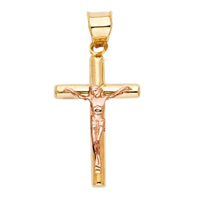 14K Two Tone Gold Cross Religious Jesus Crucifix Charm Pendant Cruz de ...
