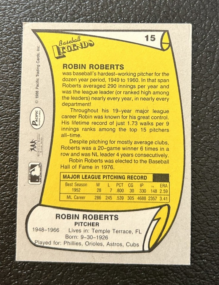 Robin Roberts Signed Autographed 1988 Pacific Card Philadelphia ...