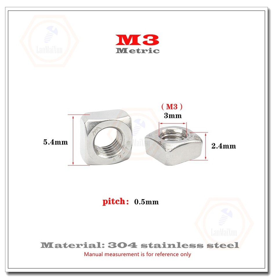 304 Stainless Steel M3 M4 M5 M6 Square Nuts DIN557 | eBay