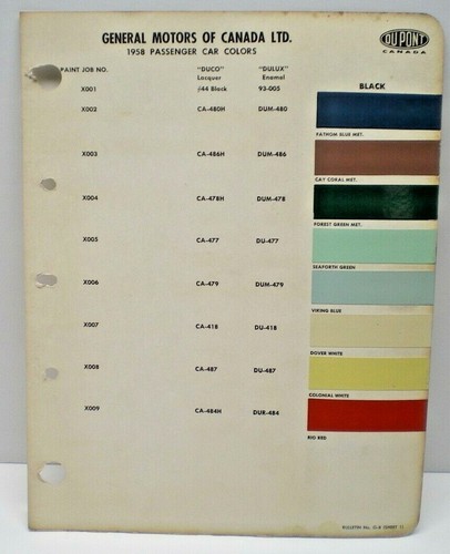 1958 GM Canada Car Color Canadian Paint Chip Dupont Samples Chart ...