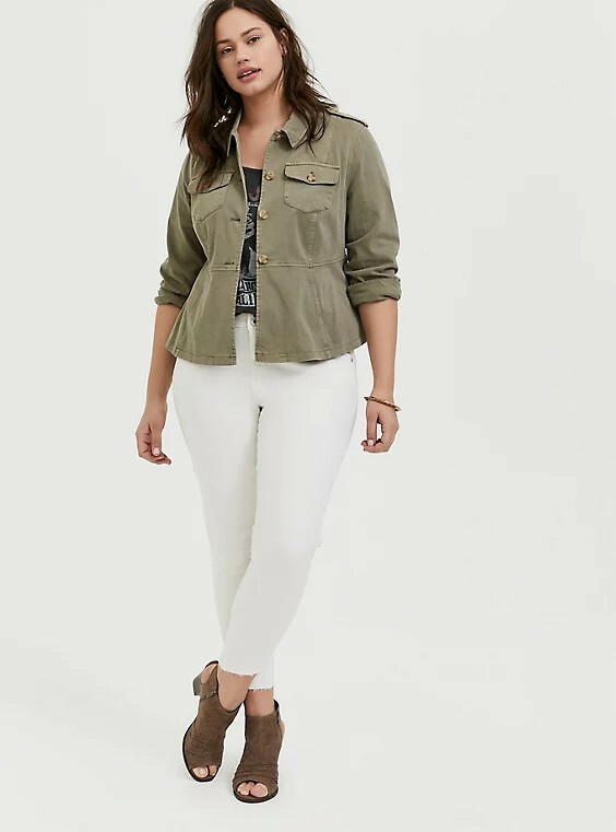 Torrid Womans Plus Size Light Olive Green Twill Peplum Utility Jacket ...