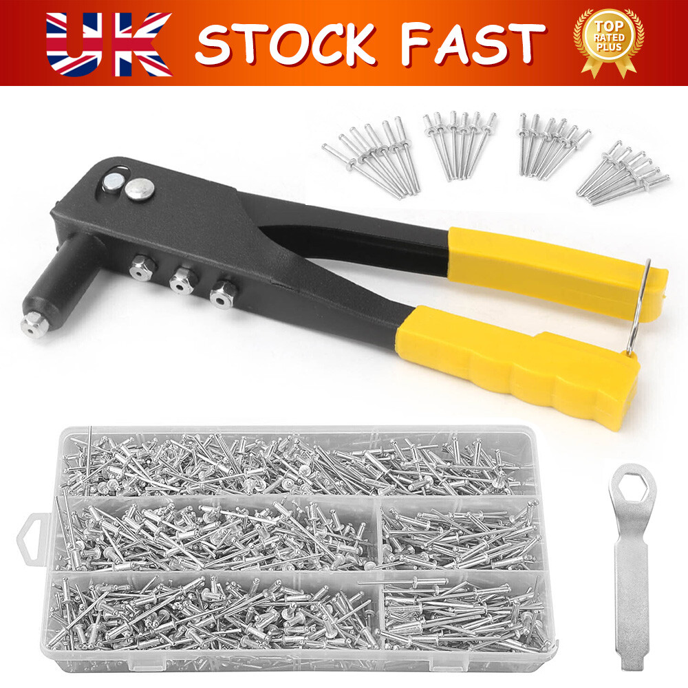 Heavy Duty Hand Pop Rivet Gun Tool Kit 1000 Assorted Rivets 4 Nozzle ...