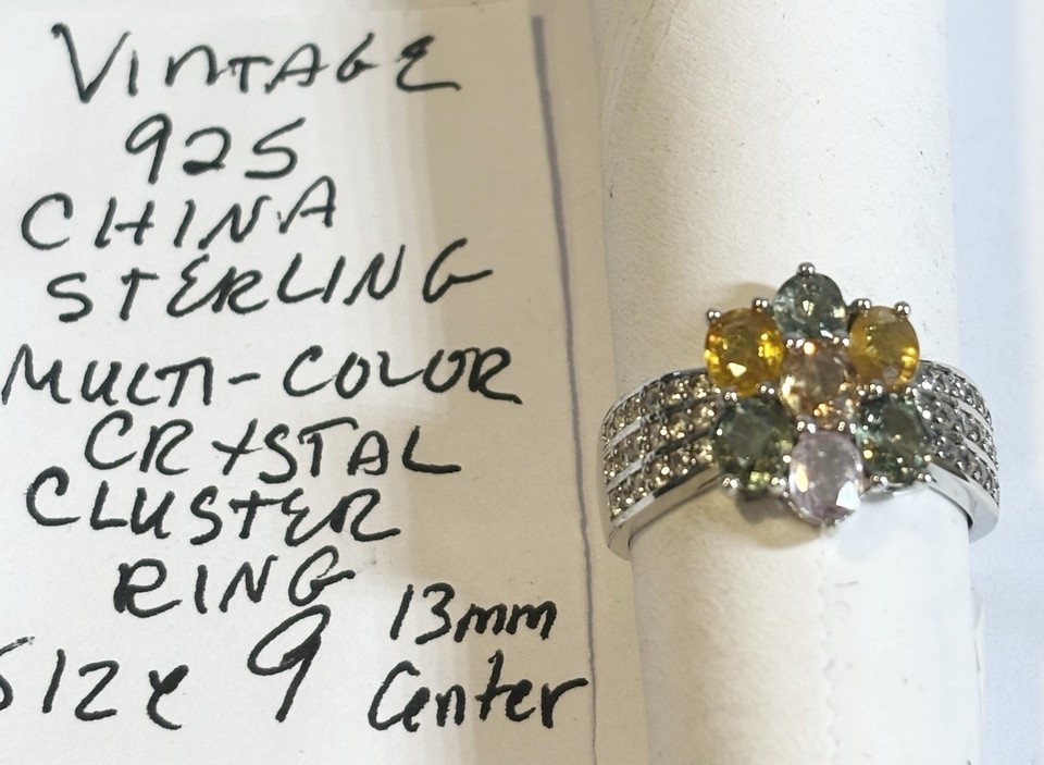 Vintage 925 China Sterling Multi Color Crystal Cluster Ring Size 9 13mm ...