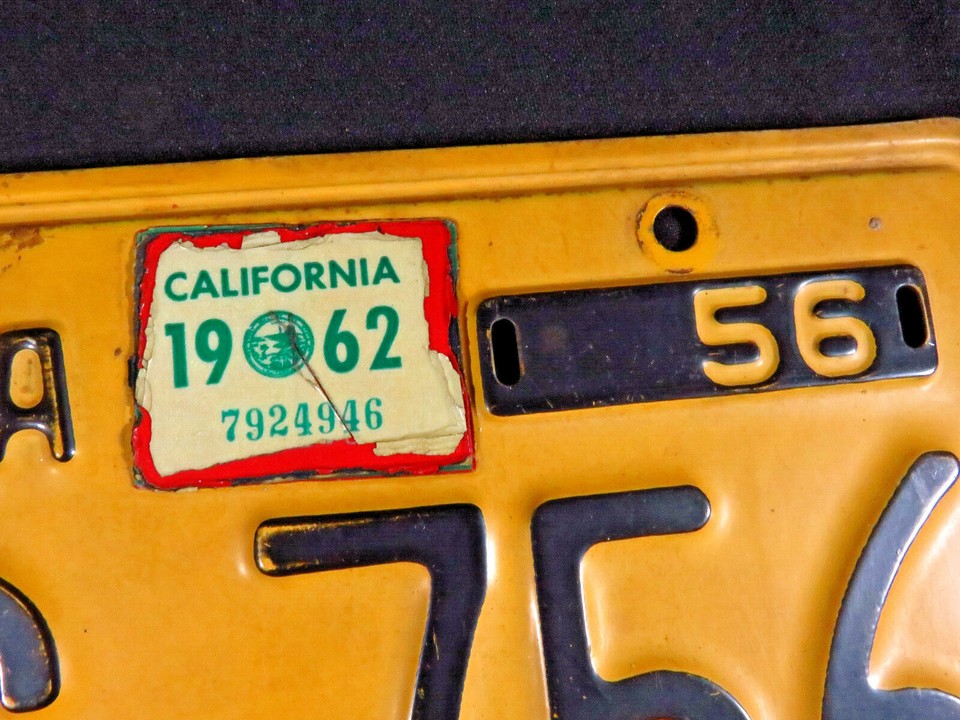 1956 California Yellow License Plate 1962 Validation Sticker - NRC 756 ...