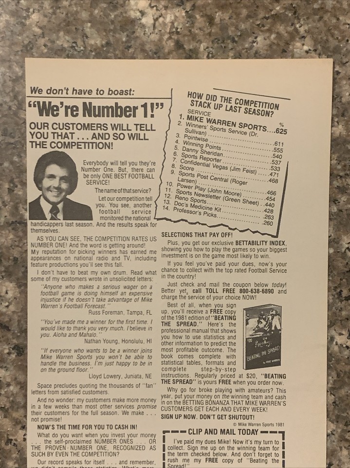 1981 Mike Warren Sports PRINT AD Football Betting - Beating The Spread ...