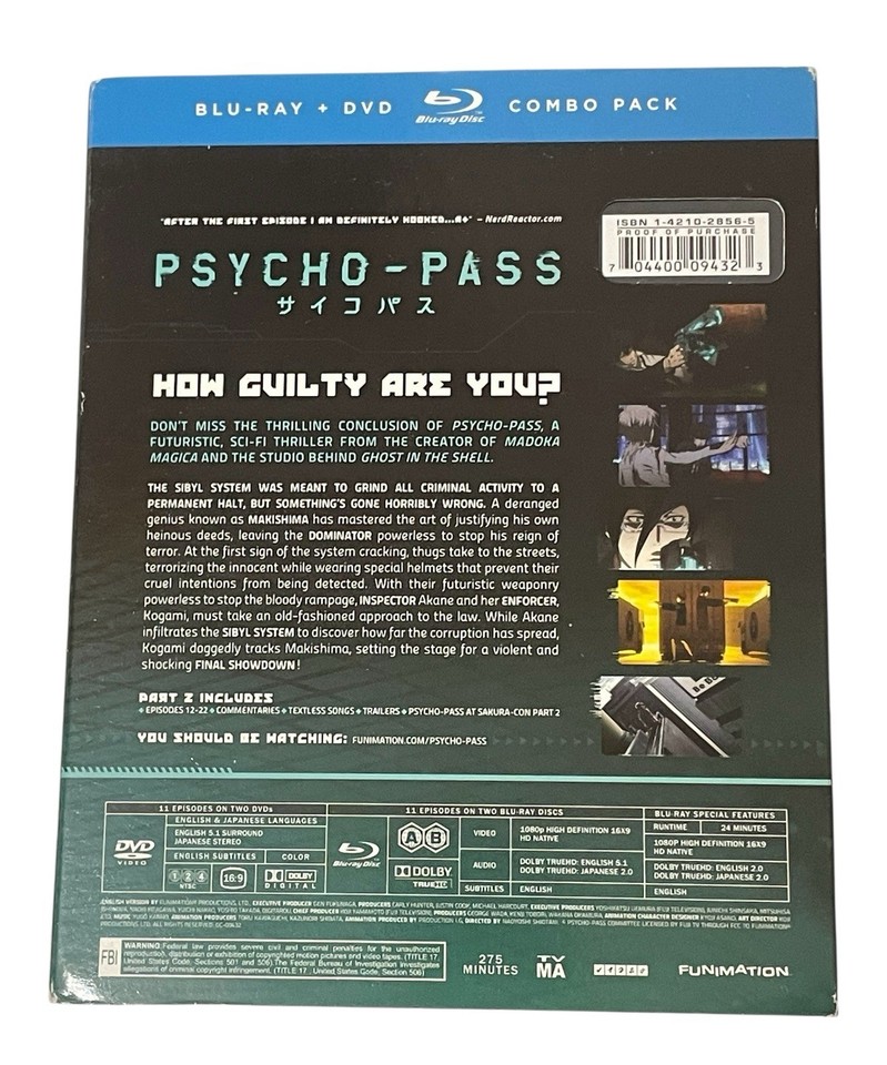 Psycho-Pass Season One: Part Two DVD/ Blu-Ray Combo Pack W/ Box Cover ...