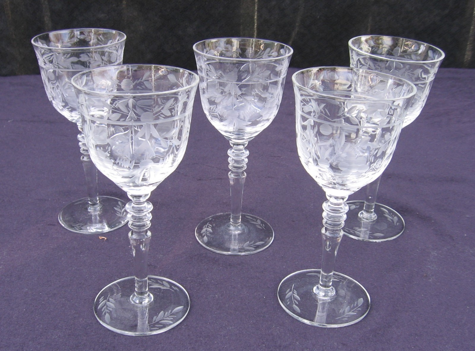 SET OF 5 VINTAGE TIFFIN ETCHED CLEAR CRYSTAL STEMWARE WITH ETCHED BASE ...