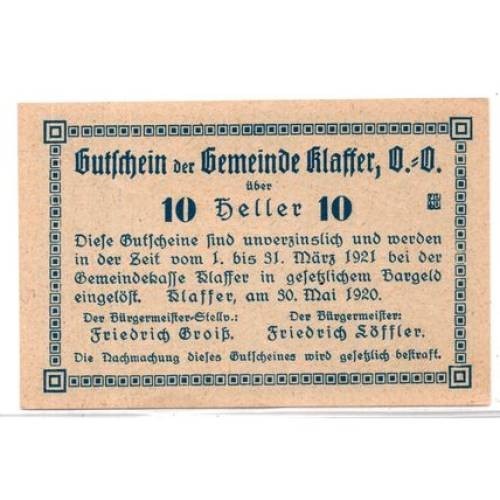 1920 Austria Klaffer Notgeld 10 Heller Note (1348) | eBay