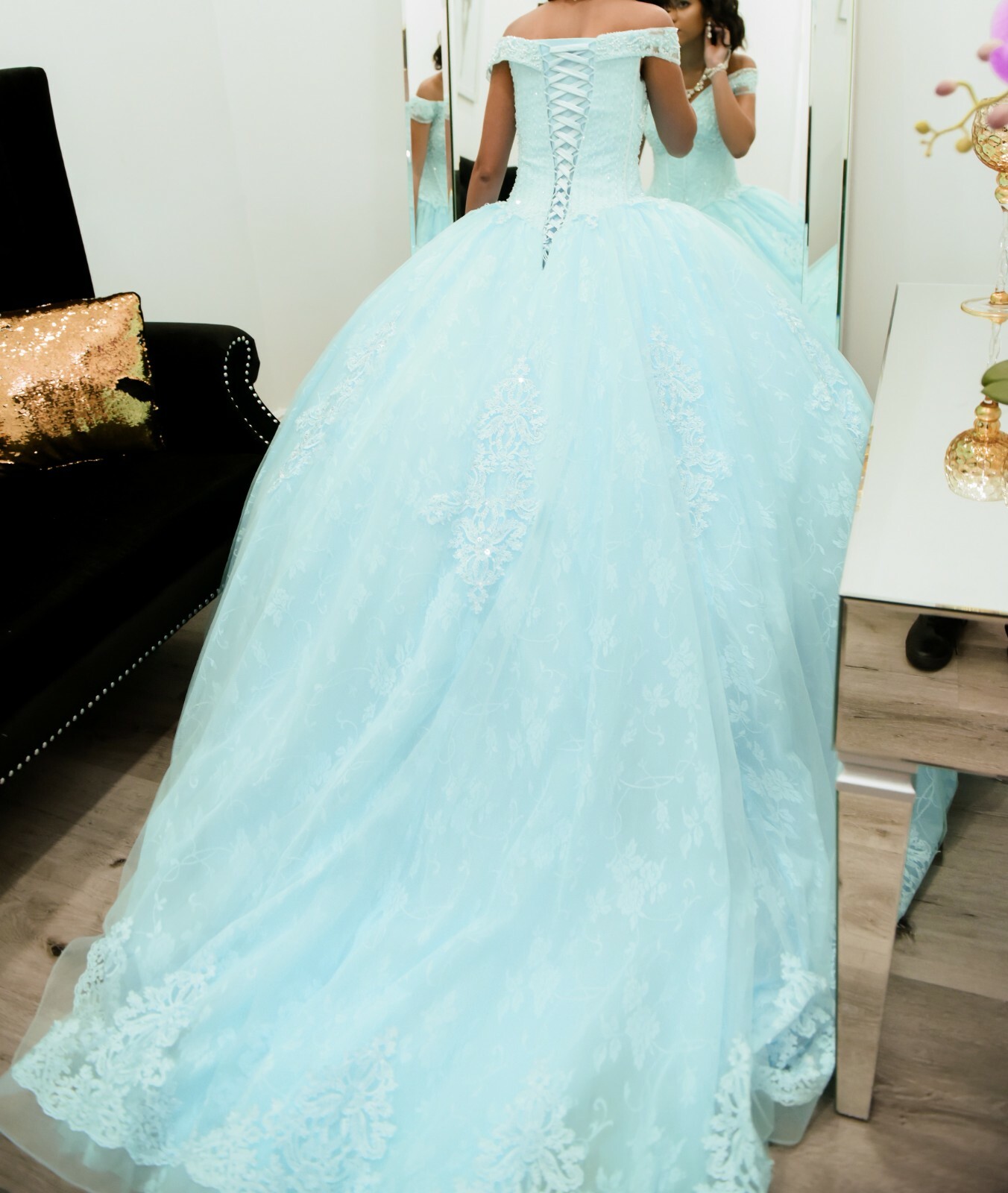 light blue petite size princess style flower embroide… - Gem