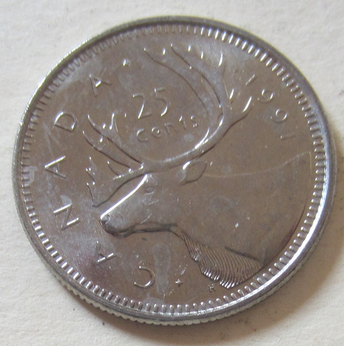 1991 Canada Key Date Twenty-Five Cents Quarter Coin. Cicrulated 25 ...