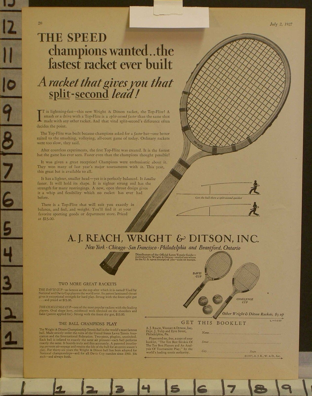 1927 WRIGHT TOP FLITE TENNIS RACQUET SPORT GAME COURT MATCH BALL 23301 ...