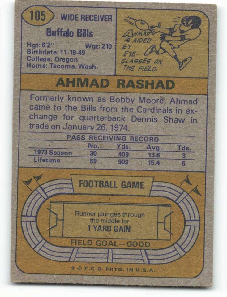 1974 Topps #105 Ahmad Rashad VG Very Good RC Rookie Bills ID:235734 | eBay